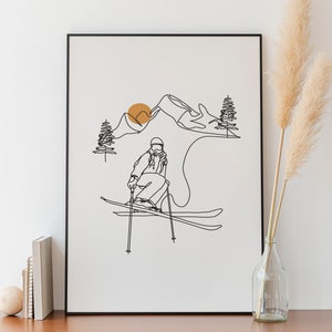Minimalist Skiing Line Art, Winter Sport Decoration, Digital Download ...