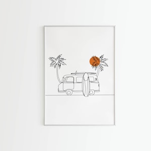 Minimalist Van Life Line Art, Surfing Drawing Poster, Surfer Print ...