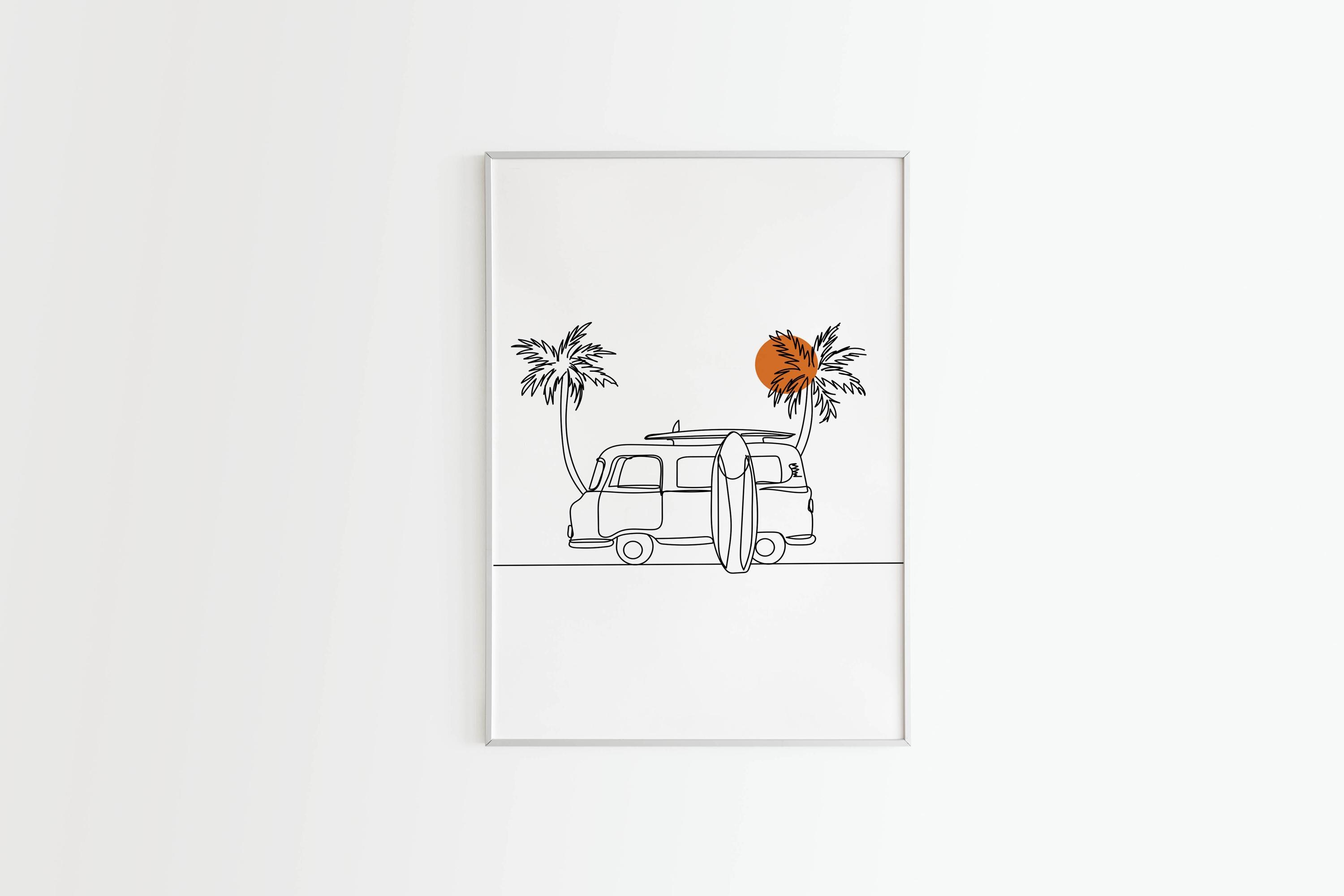 Minimalist Van Life Line Art, Surfing Drawing Poster, Surfer Print ...