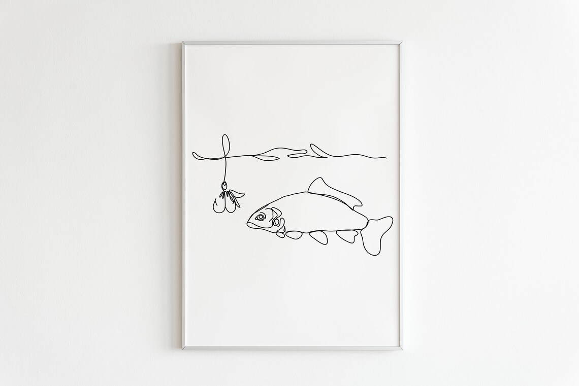 Fishing Wall Art, Minimalist Line Art, Fish Drawing Poster, Fisherman ...
