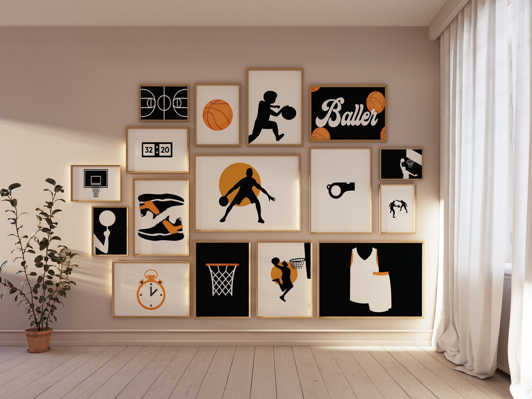 Basketball Gallery Set of 16 Drawings, Minimalist Slam Dunk Print ...