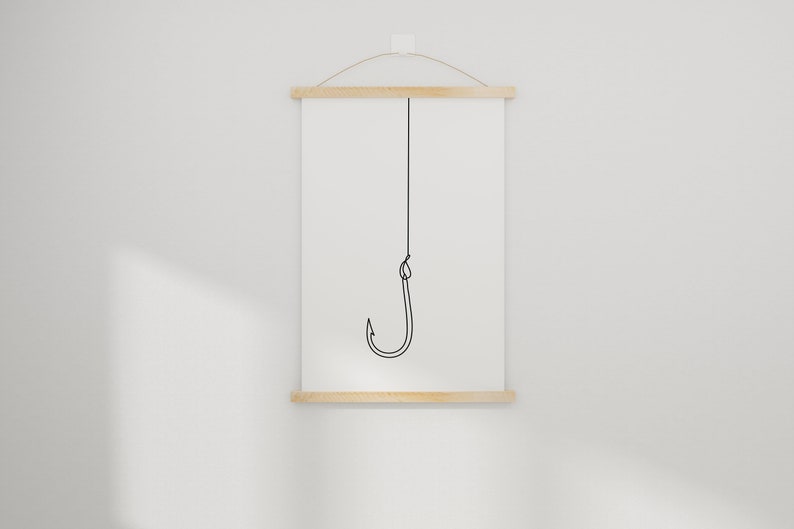 Fishing Hook Wall Art, Minimalist Line Art, Fish Bait Drawing Poster ...