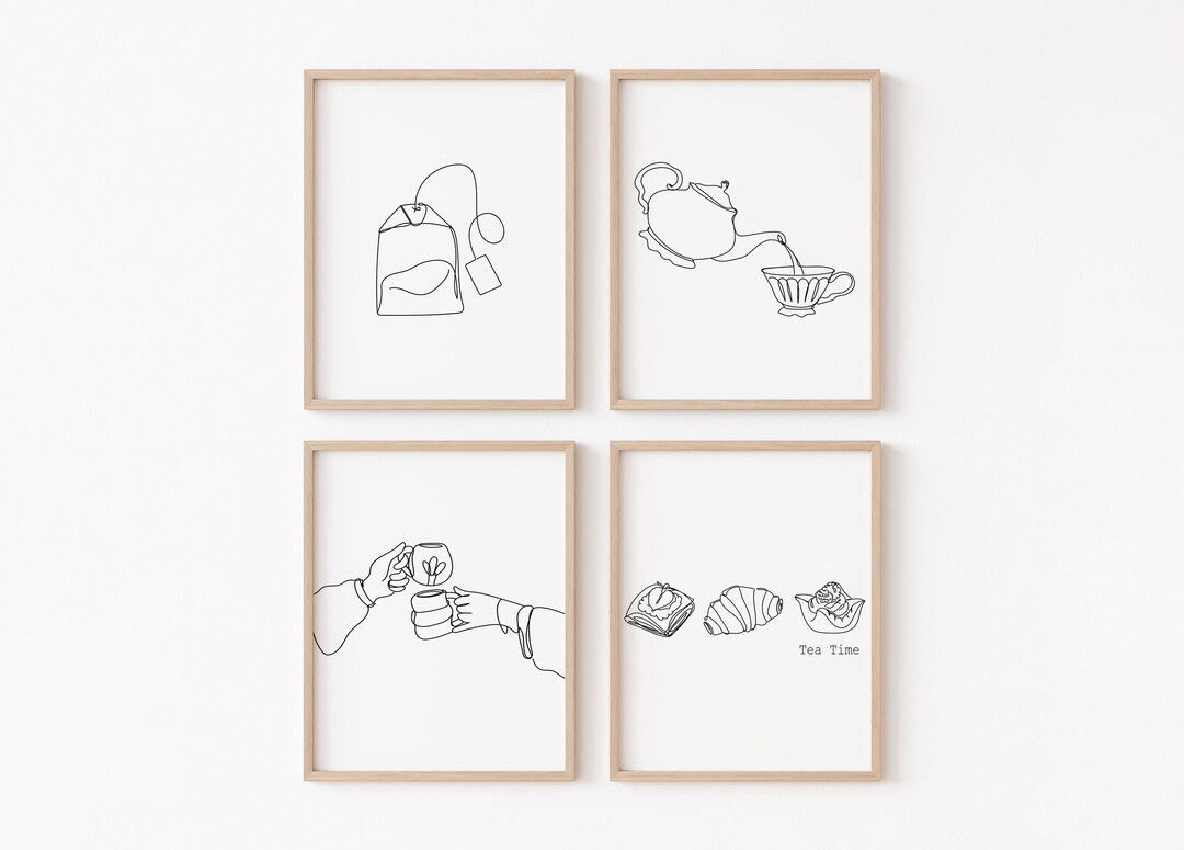 Minimalist Tea Cup Line Art Gallery Set of 4 Drawings, Teahouse ...