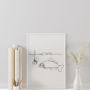 Fishing Wall Art, Minimalist Line Art, Fish Drawing Poster, Fisherman ...