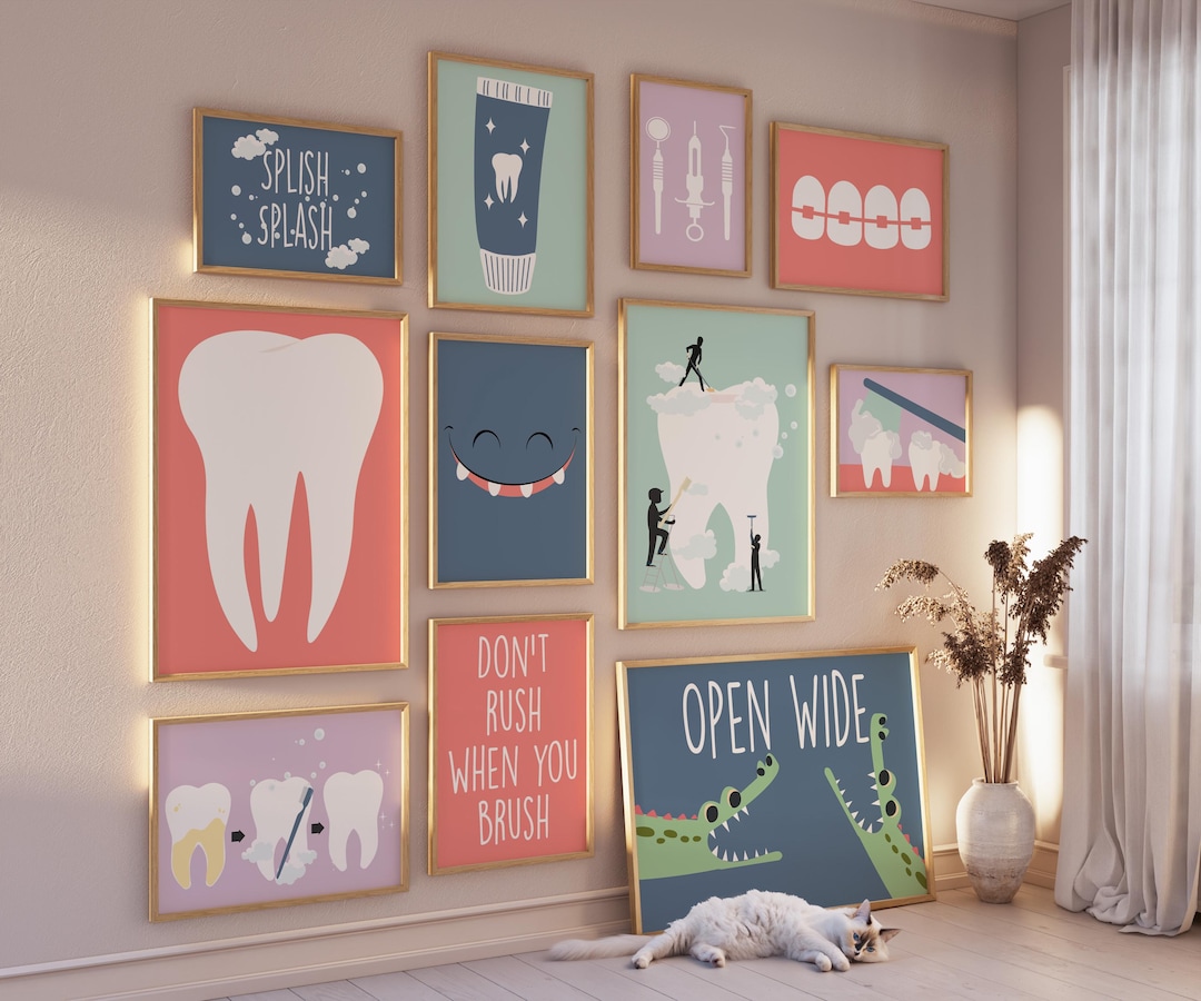 Fun Colorful Child Dentist Gallery Set of 11 Drawings, Dental Office ...