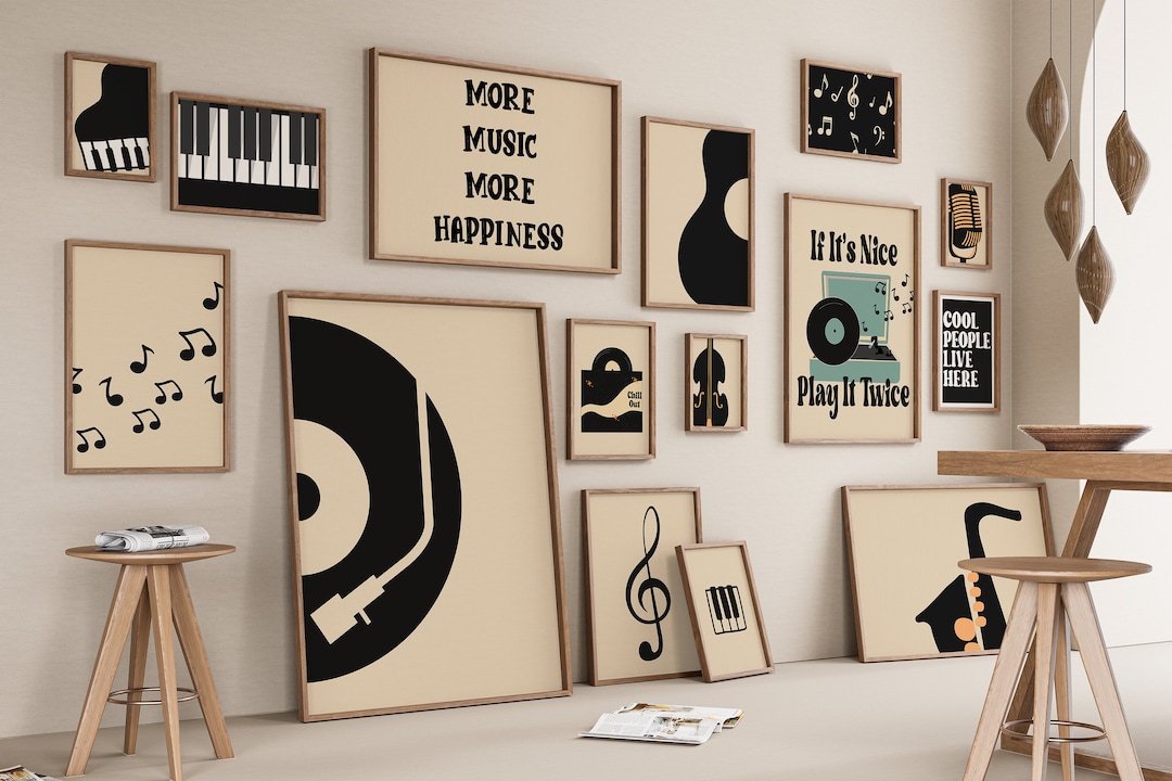 Retro Music Gallery Set of 15 Drawings, Piano Print, Guitar Poster ...