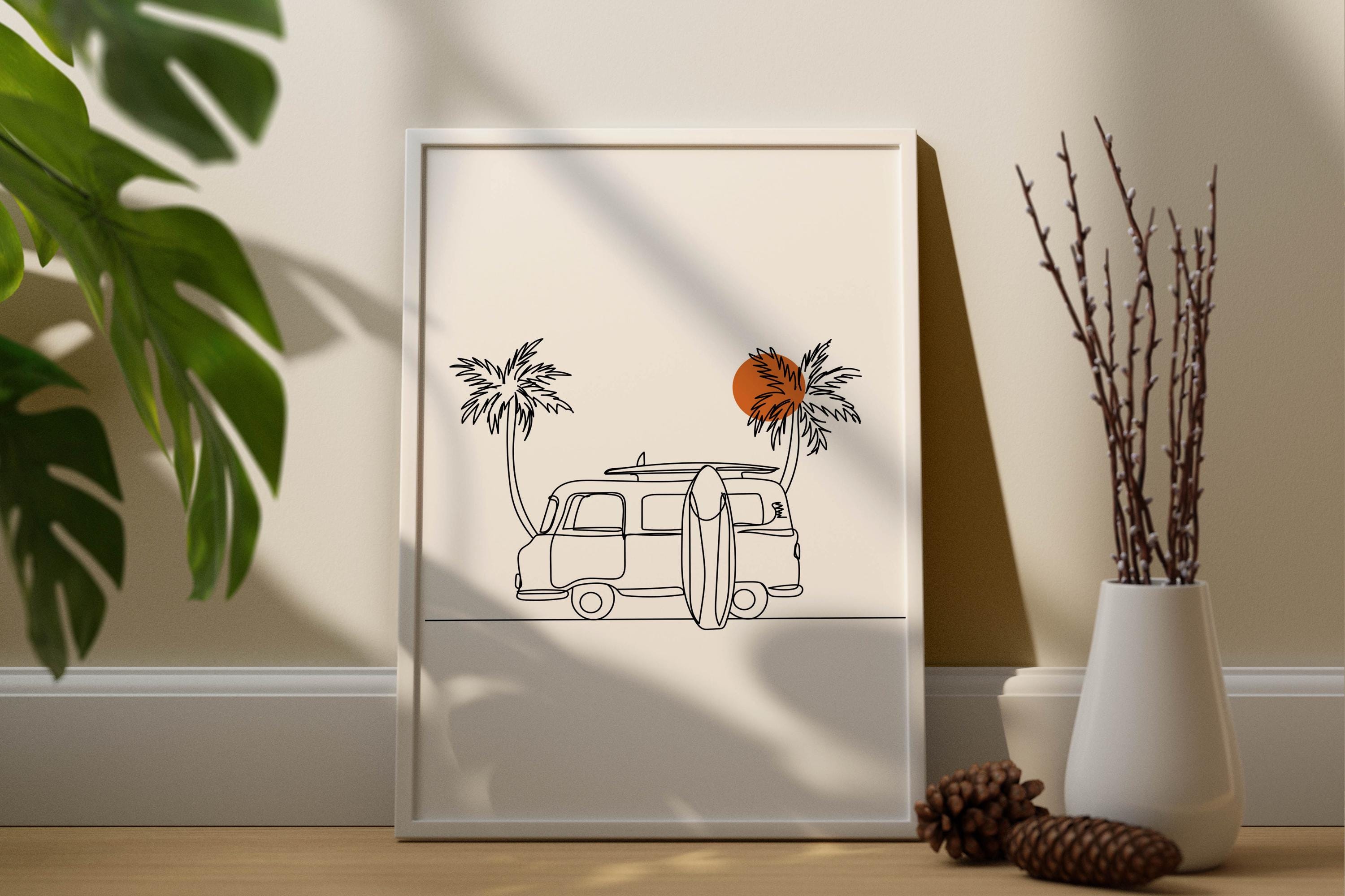 Minimalist Van Life Line Art, Surfing Drawing Poster, Surfer Print ...