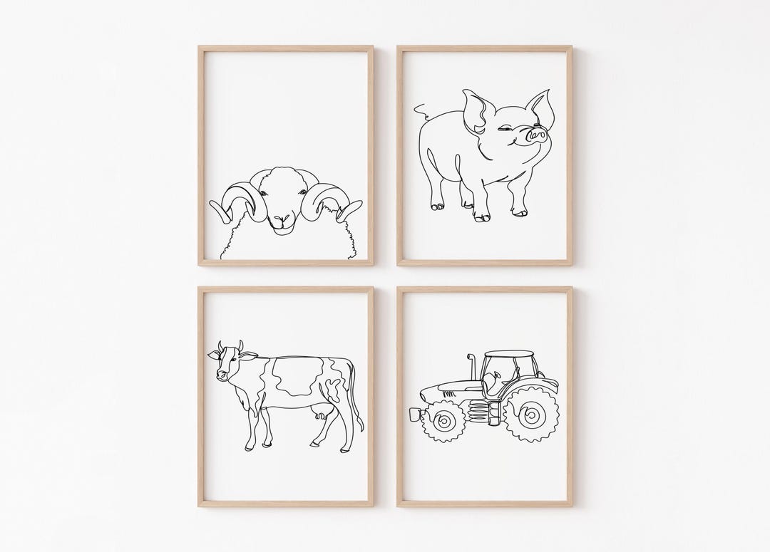 Minimalist Farm Animal Line Art Set Gallery of 4, Sheep Wall Art ...