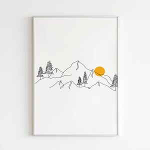Minimalist Mountain and Sun Line Art, Digital Download, Landscape ...