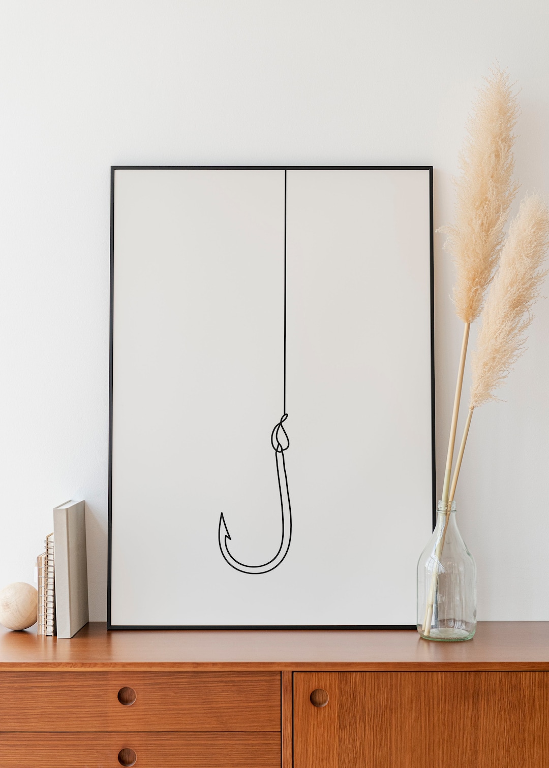 Fishing Hook Wall Art, Minimalist Line Art, Fish Bait Drawing Poster ...