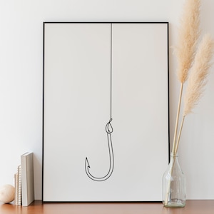 Fishing Hook Wall Art, Minimalist Line Art, Fish Bait Drawing Poster ...