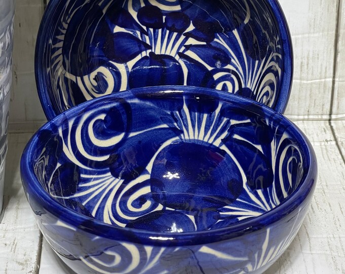 Mexico Talavera Pottery Bowls 2pc Set.guanajuato Blue Flower Ceramic ...