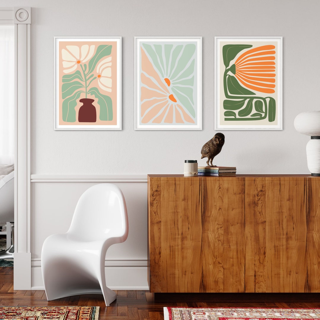 Set of 3 Boho Posters Groovy Flowers Set Scandinavian Wall Art Abstract ...