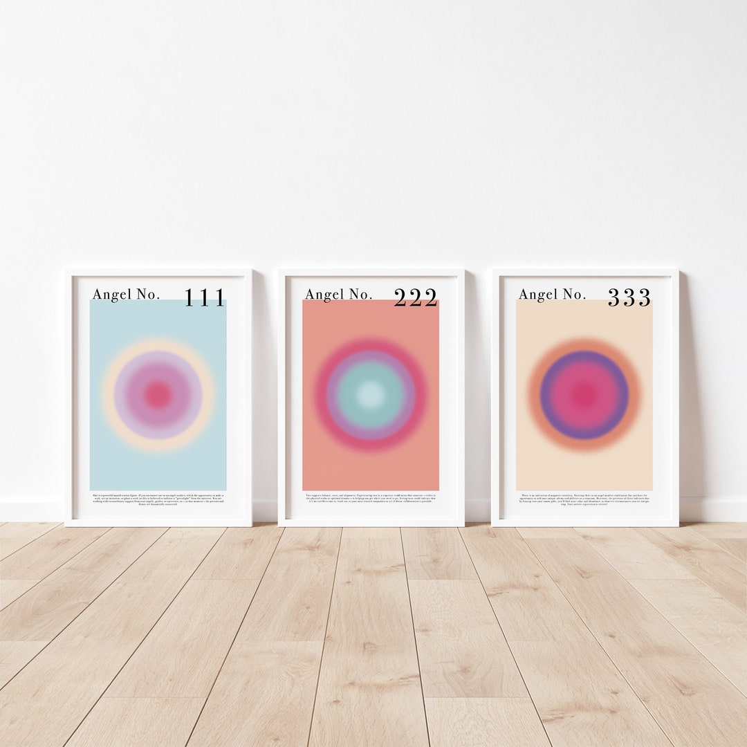 Set of 3 Posters Angel Numbers 111, 222, 333 Aura Poster Color Gradient ...