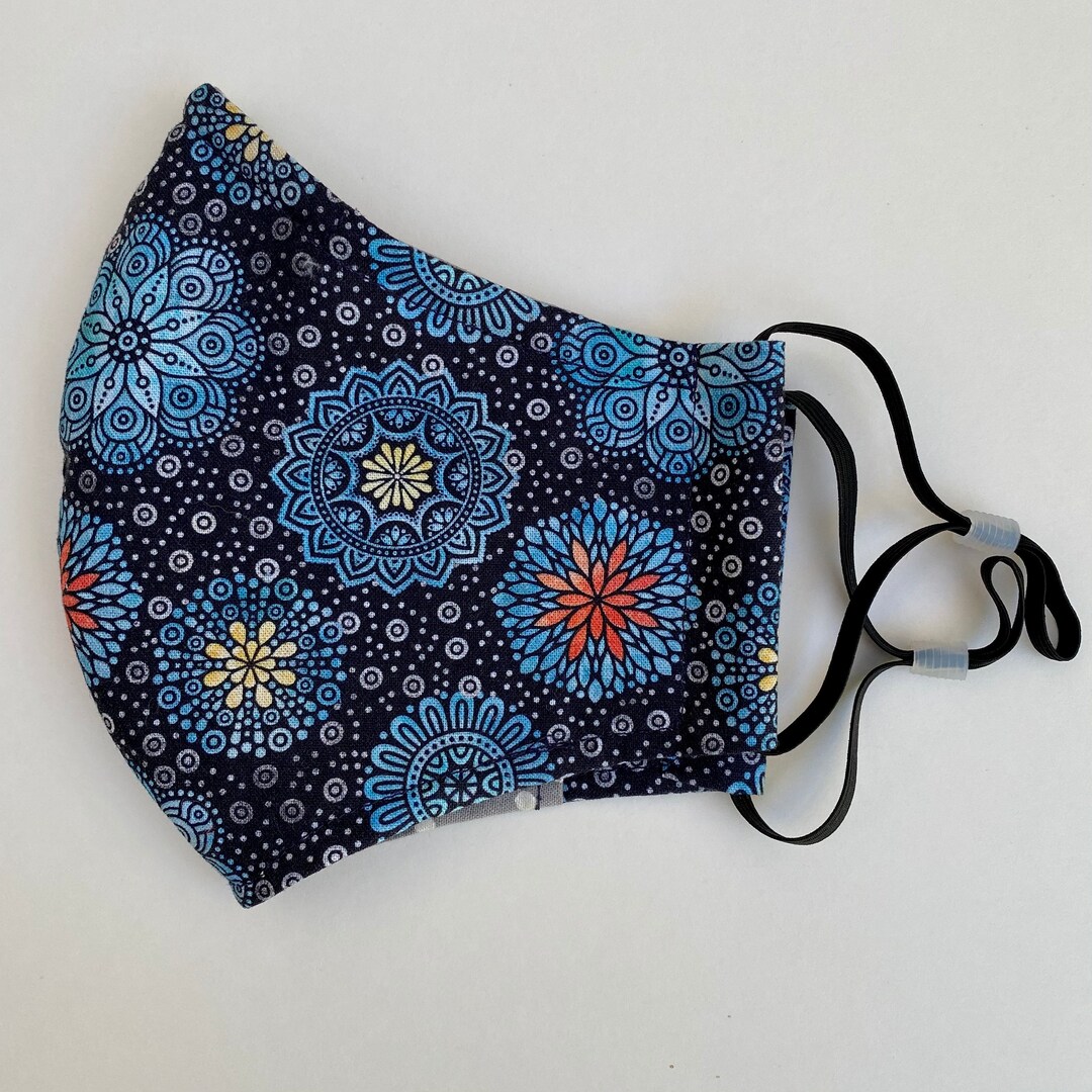 Blue Medallion Fitted Face Mask - Nose Wire, Filter Pocket, Adjustable ...