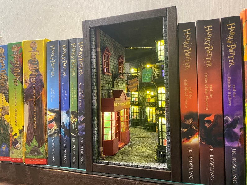 Book Nook Bookshelf Insert Magic Alley Book END Library Decor - Etsy