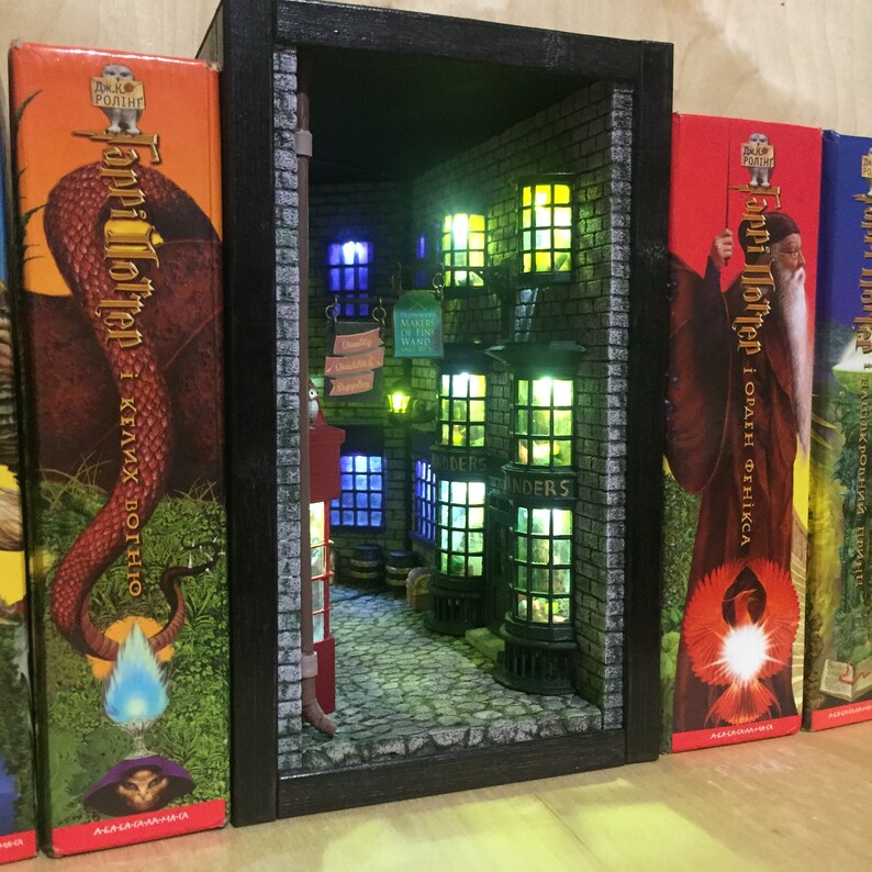 Book Nook Bookshelf Insert Magic Alley Book END Library Decor - Etsy