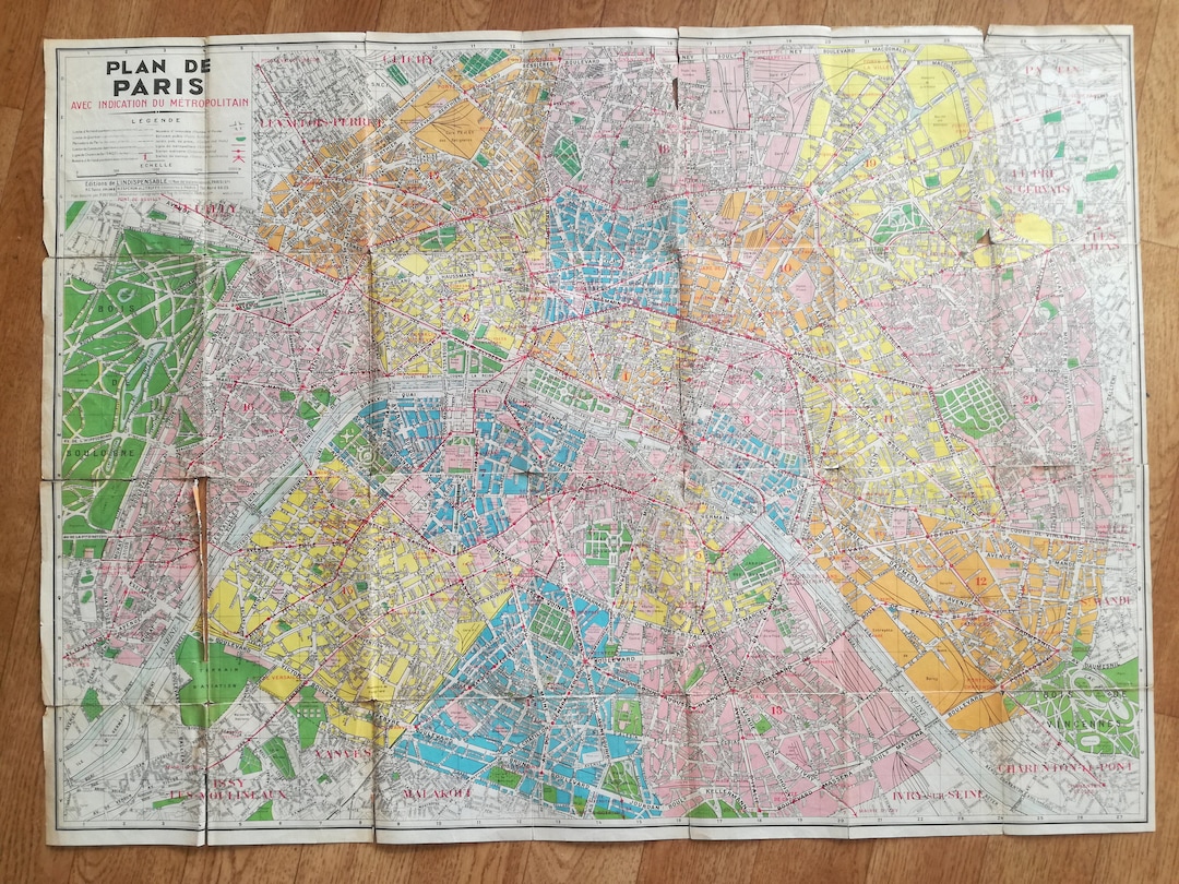 Vintage Paris Map / Original 1960s Map of Paris / Vintage Wall Decor ...