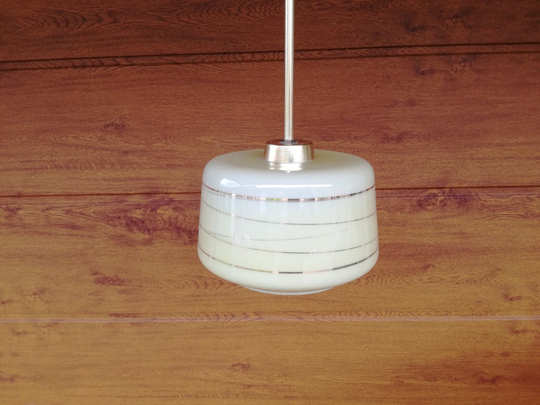 1960s Mid Century Pendant Lamp / Vintage Beige Glass Ceiling Lamp ...
