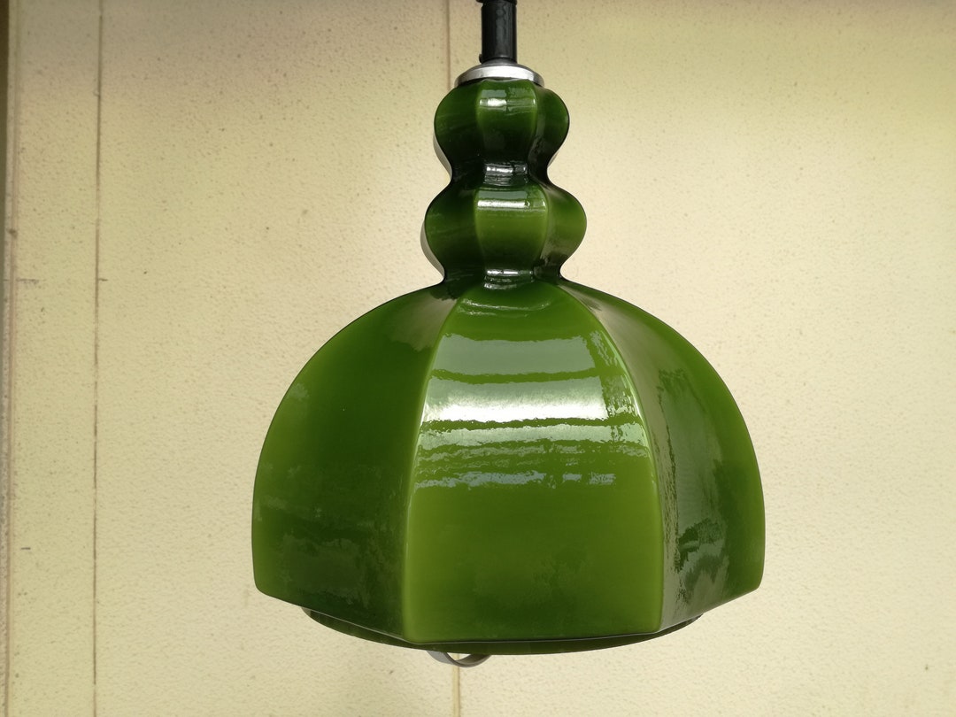 1970s Green Glass Pendant Lamp / Mid Century Modern Chandelier, Made in ...