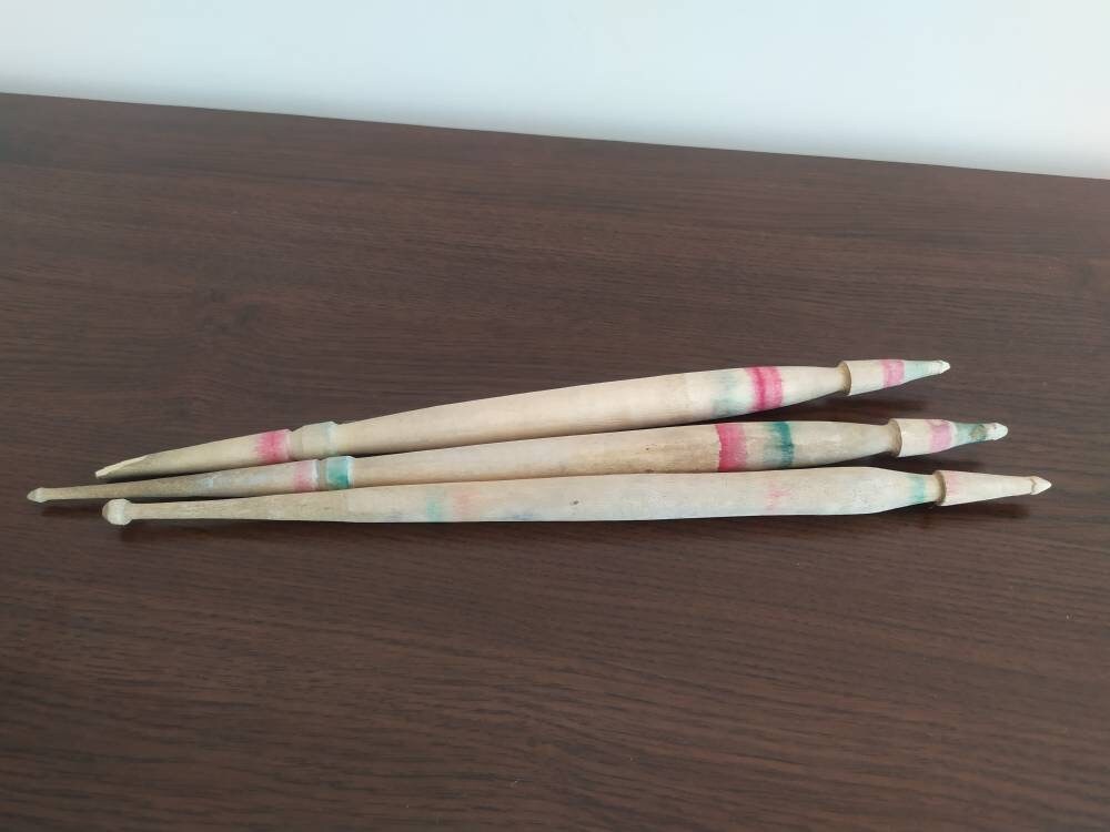 30s Antique 3 Pcs Wool Spindles, Hand-made Spindle, Vintage Knitting ...