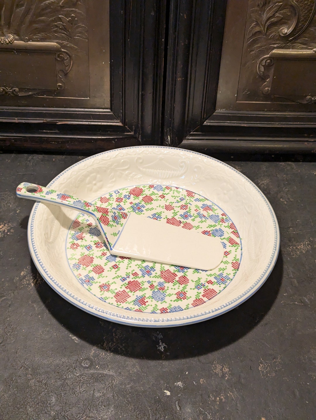 Vintage, Ceramic, Cake Dish With Server, Country, Quilted Flower ...