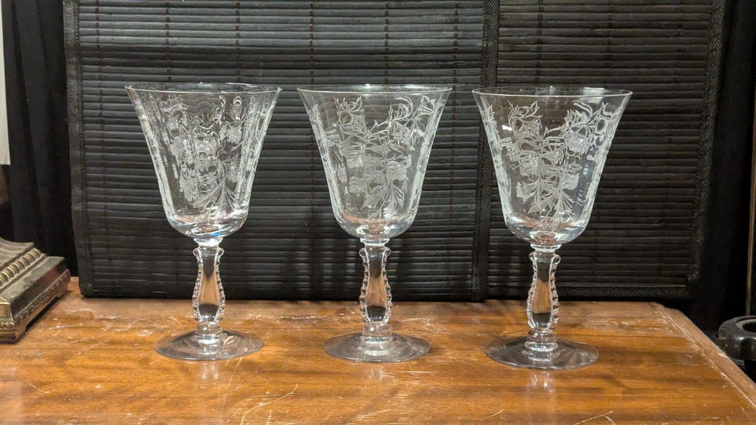 3 Vintage, Heather, by Fostoria, Water Goblets, Floral Etched, 9oz, 6 1 ...