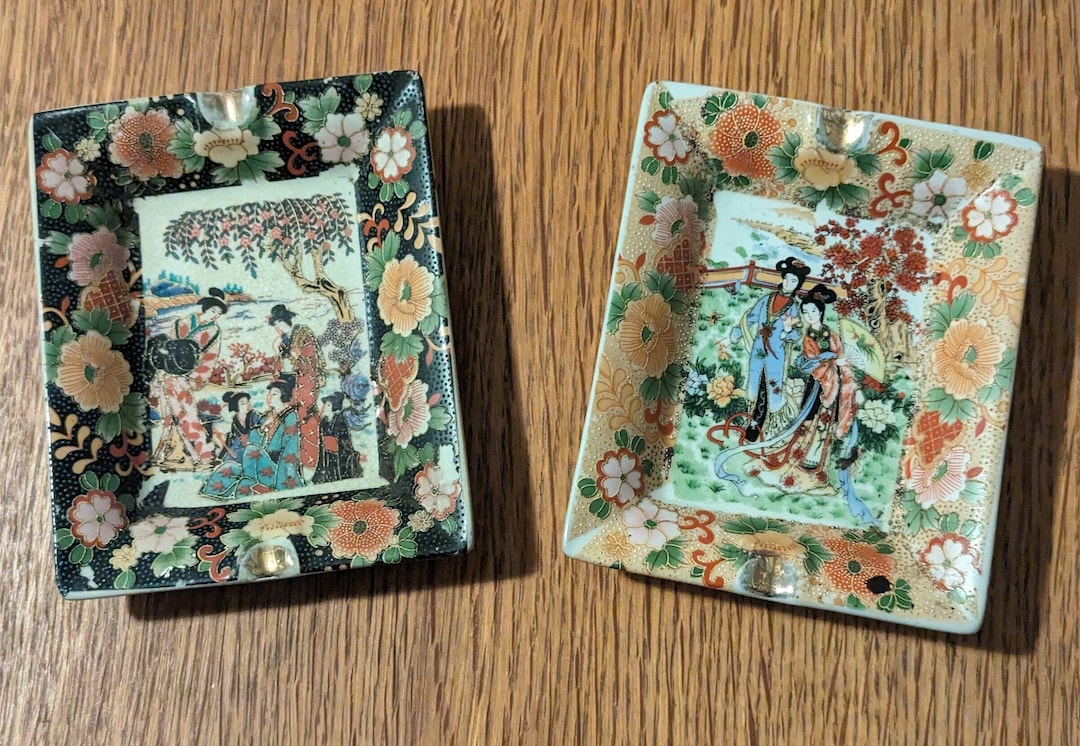 2 Vintage, Japanese, Porcelain, Rectangular, Ashtrays, Enameled ...
