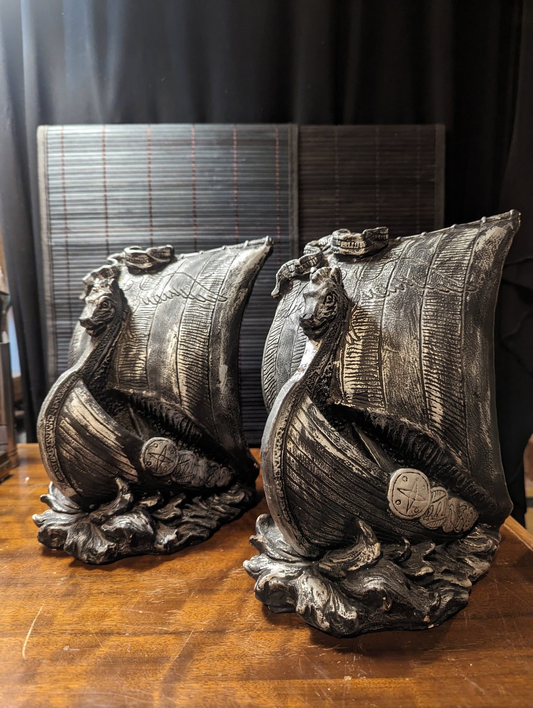 Vintage, Plaster, Heavy Chalk, Painted, Charcoal, Viking Ship, Old ...