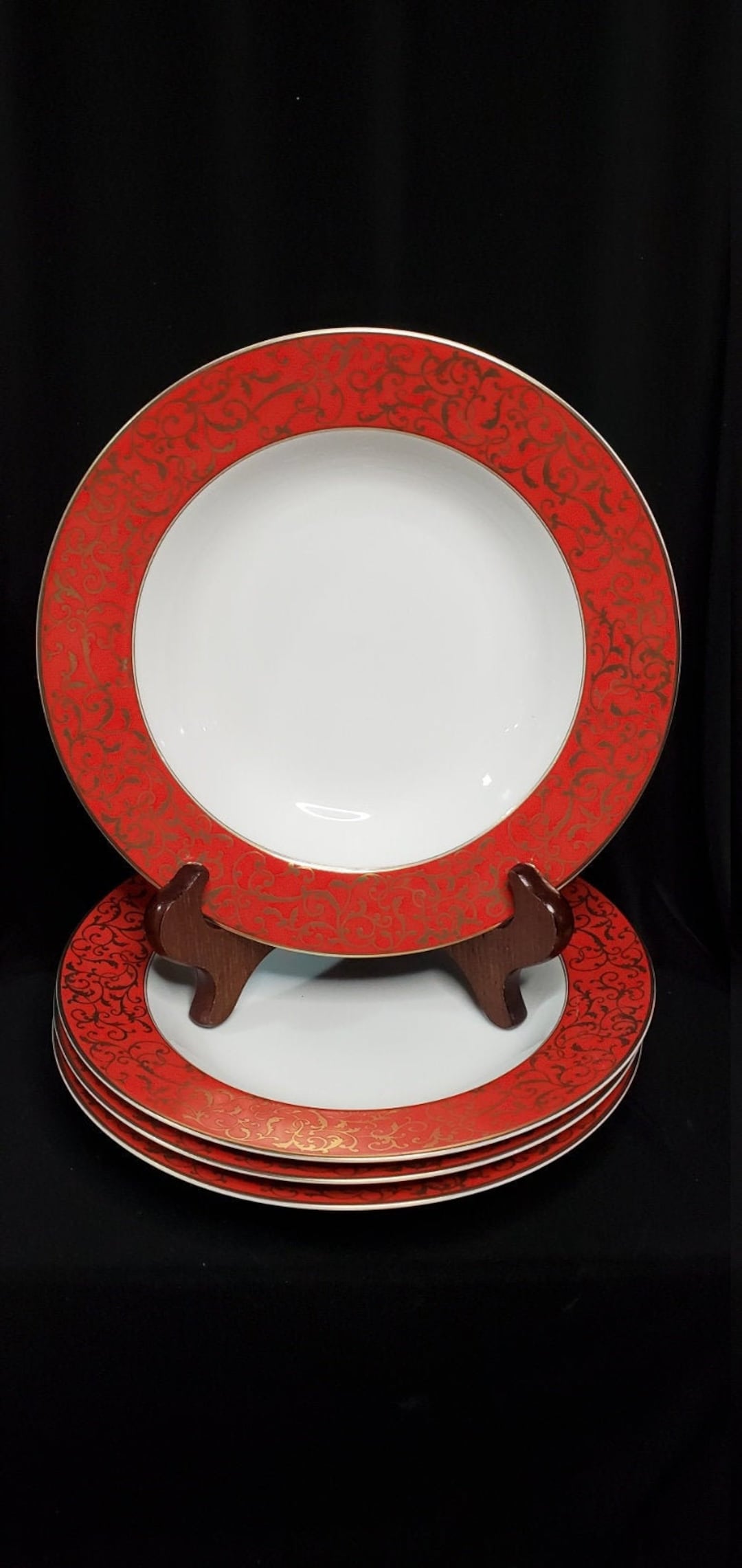 Set of 4-parchment Red by Mikasa Fine China, Red Band, Gold Scrolls ...