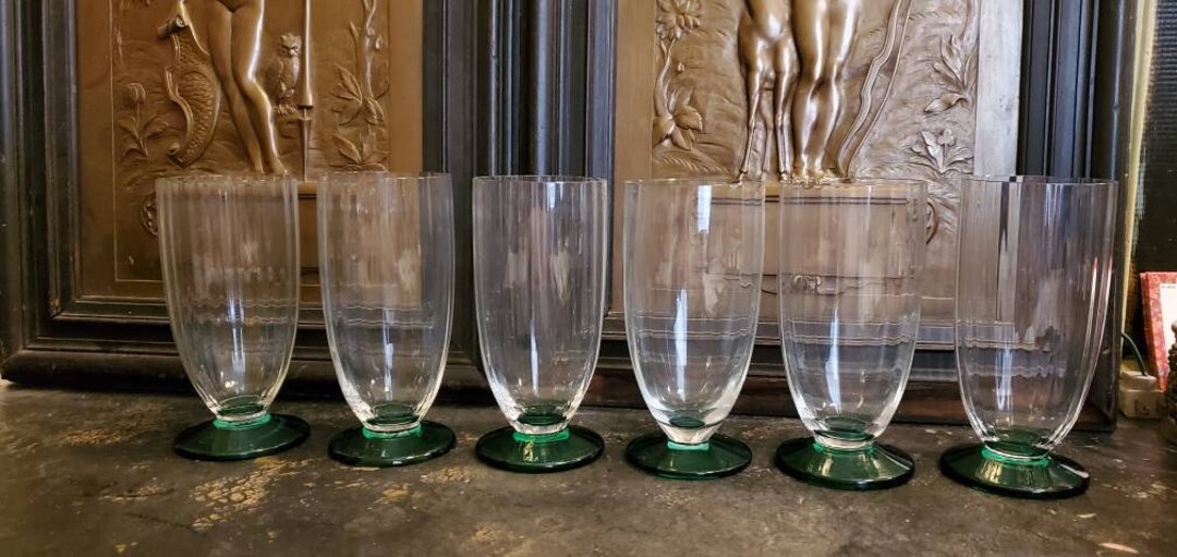 6 Vintage, Hand Blown, Studio Art Glass, Tumblers, Paneled, Green ...