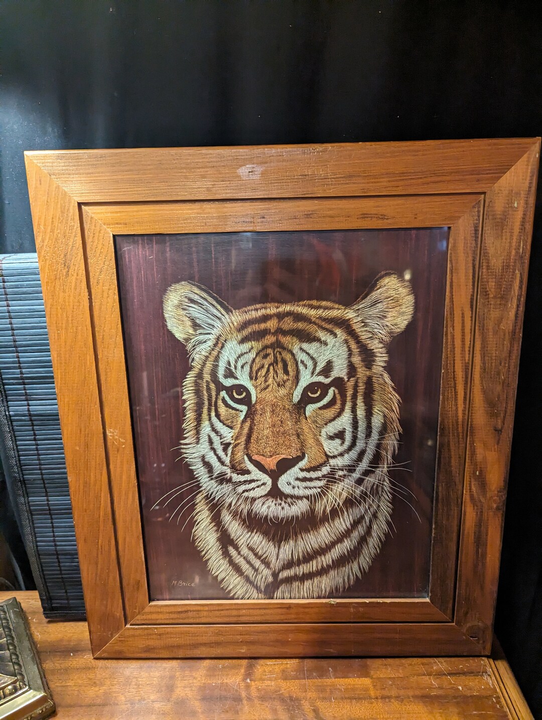 Vintage, Tiger, Lithograph, Wood Framed, by Artist Marjorie Brice, MCM ...