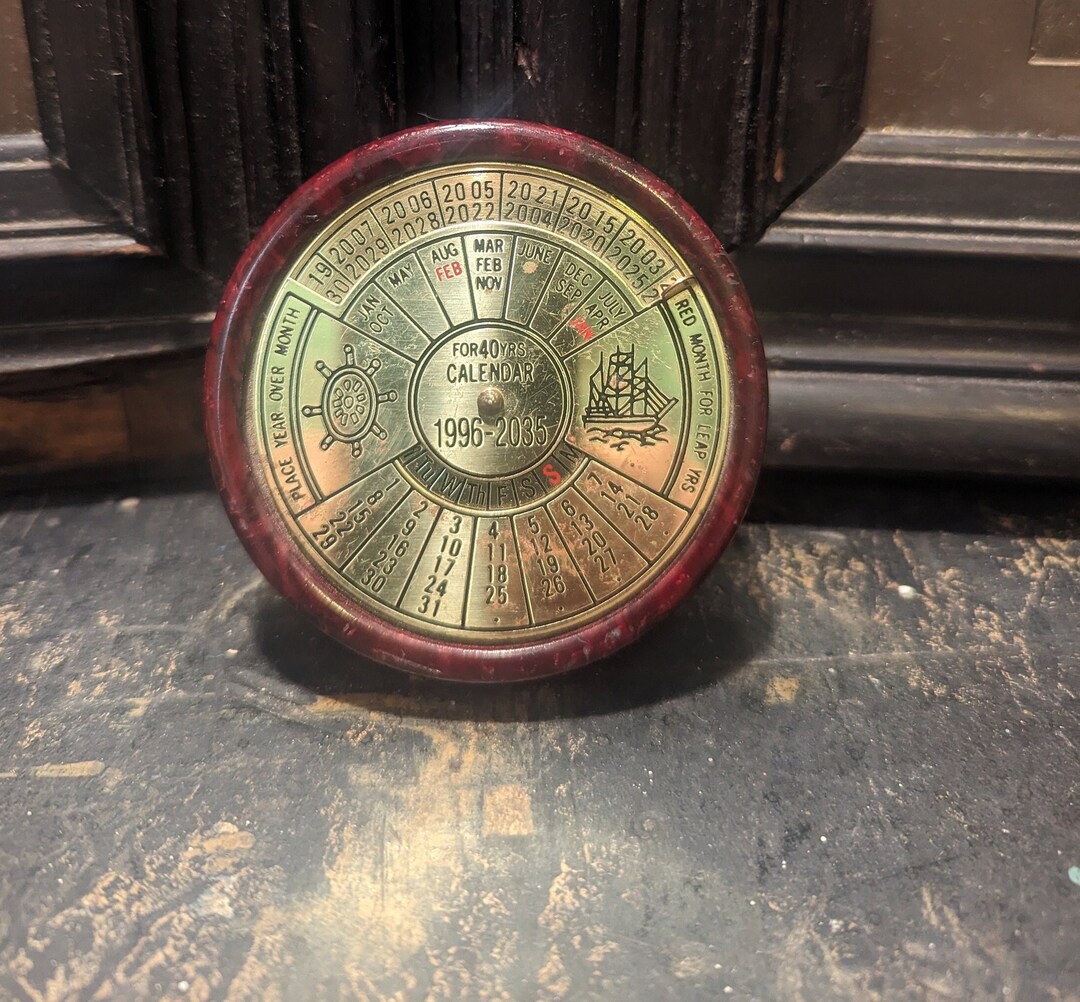Vintage, 40 Year, Perpetual, Nautical, Desk Calendar, Red Marble, Brass ...