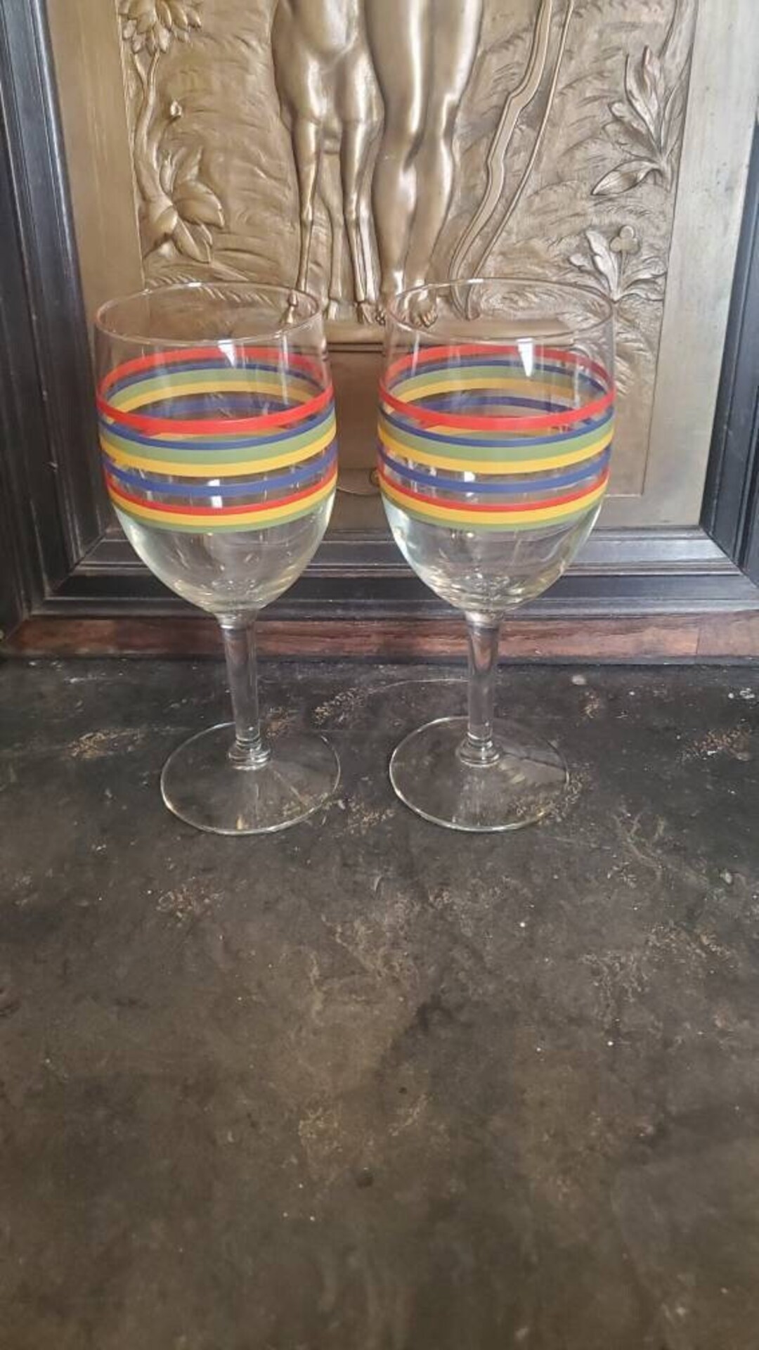 2 Vintage, by Libbey, Mambo Fiesta, Water, Ice Tea, Goblets, Glasses, Banded Stripes, Rainbow, 7 ...