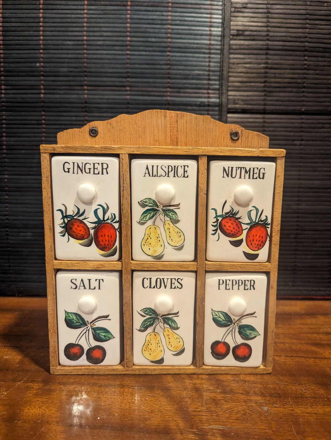 Vintage, Japan, Ceramic, Six Spice Shakers, With Wooden, Wall Hanging ...