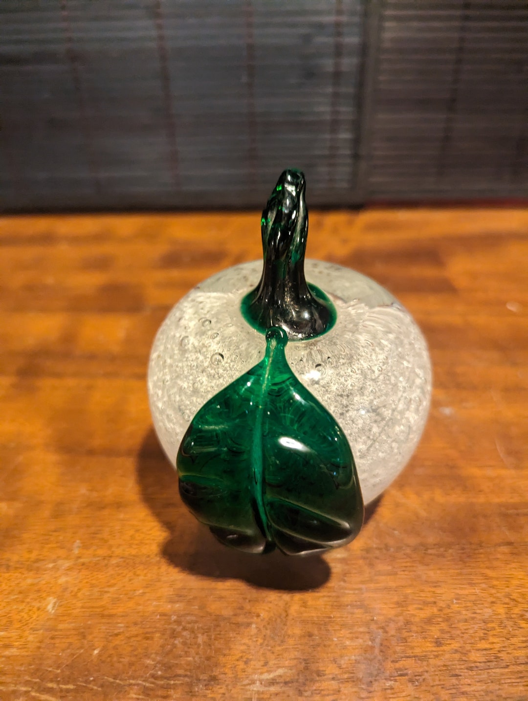 Vintage, Bert Lewis, and Son, Clear, Art Glass, Apple, Paperweight, With Green Stem, Lots of Air ...