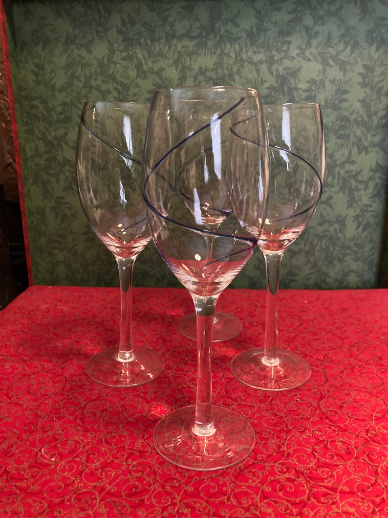 4 Pier 1 Swirline Cobalt Blue Water Goblets 8 7/8" 18oz Stemware Wine ...