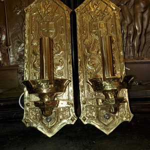 2 Vintage, Polished Brass, Wall Sconces, Castle, Flags, Heraldry ...