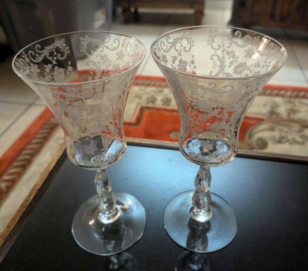 2 Vintage, Chantilly, by Cambridge Glass, Water, Wine Goblets, Etched ...