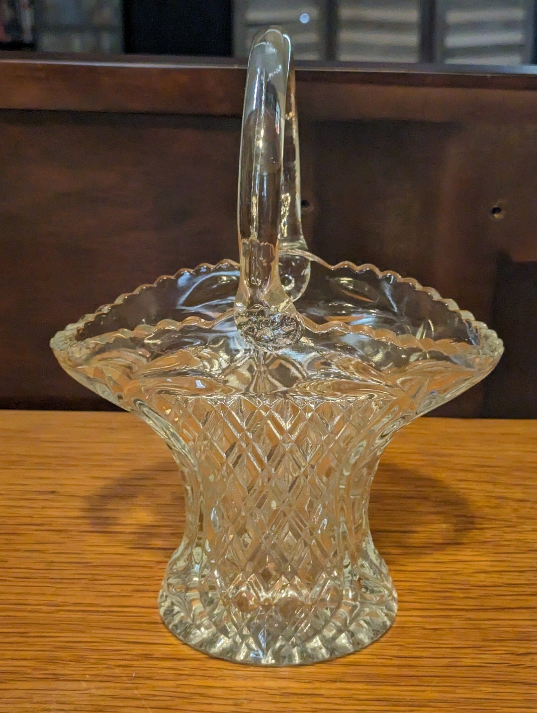 Vintage, Clear Glass, Basket, Applied Handle, Textured Diamond ...