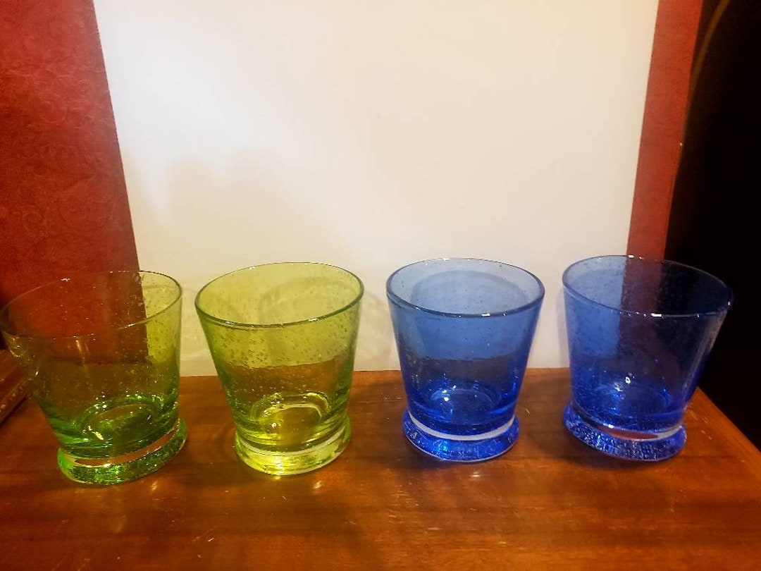4 Vintage, Colored, Bubble Glass, Footed, Tumblers, Drinking Glasses, 2 ...