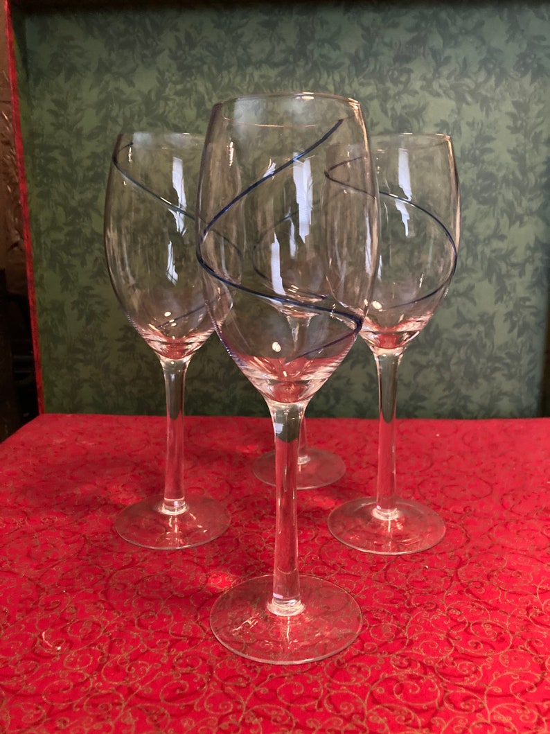4 Pier 1 Swirline Cobalt Blue Water Goblets 8 7/8" 18oz Stemware Wine ...
