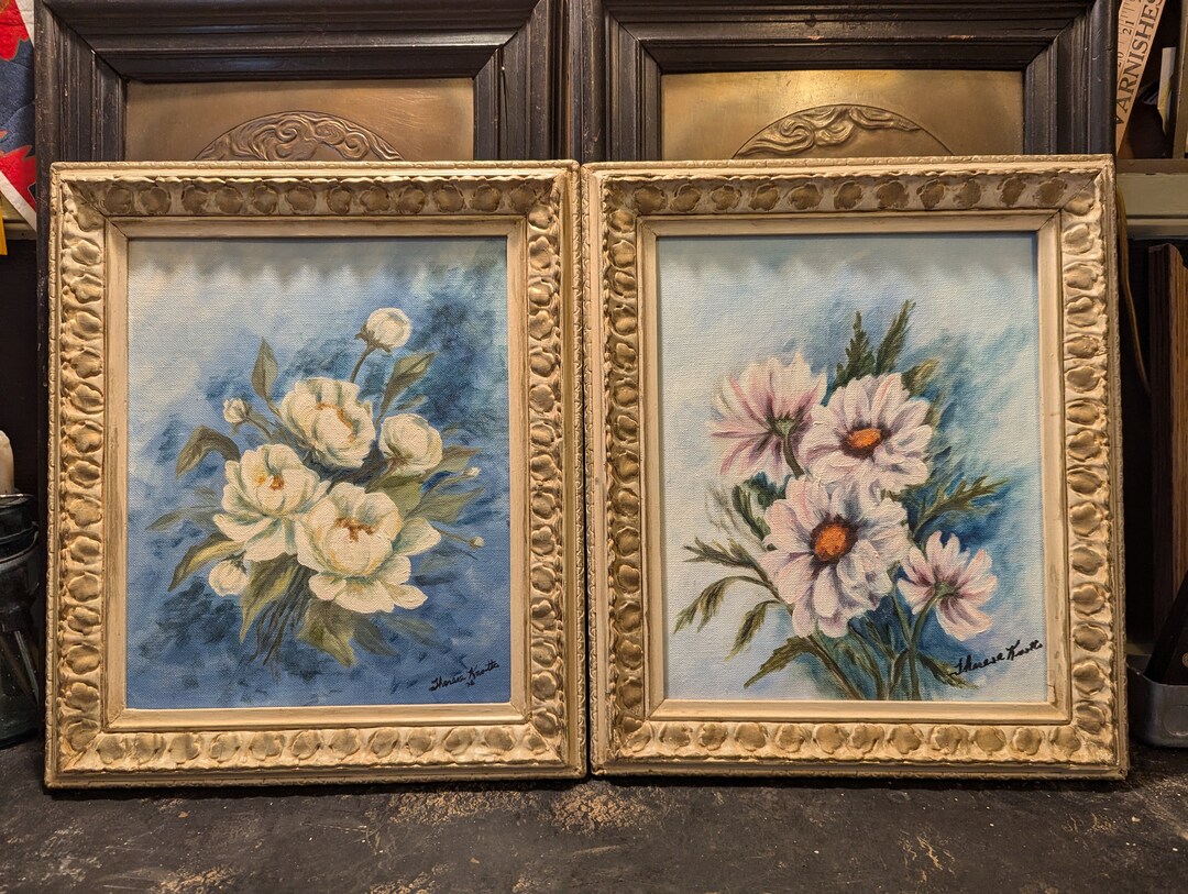 2 Vintage, Mid Century, Oil on Canvas, Flower Bouquets, Artist Signed ...