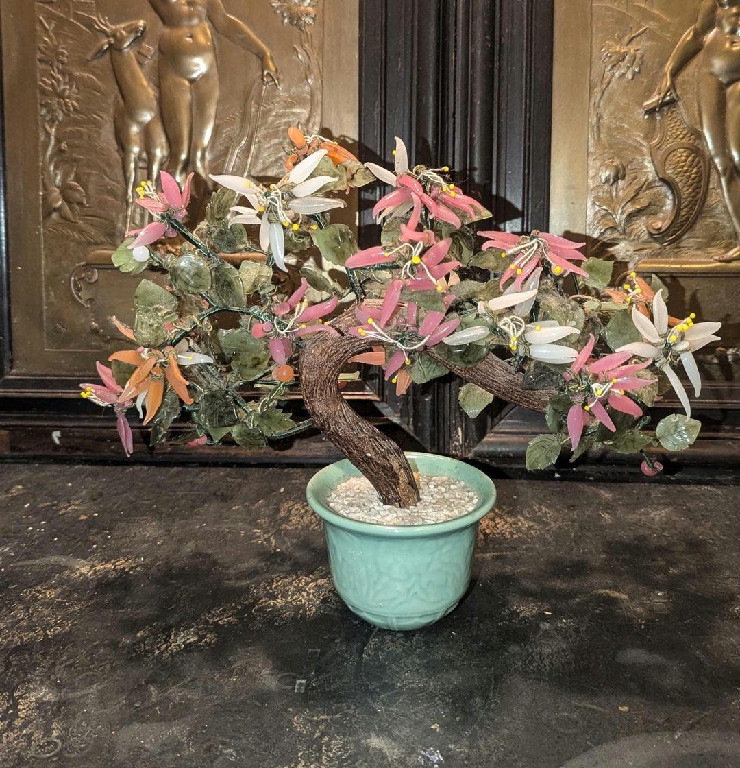 Vintage, 1940s, Chinese, Bonsai Tree, Pink Jade, Peking Glass, White ...