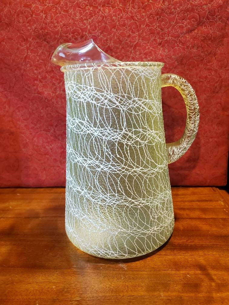 Vintage MCM Spaghetti String Green Glass Pitcher - Etsy