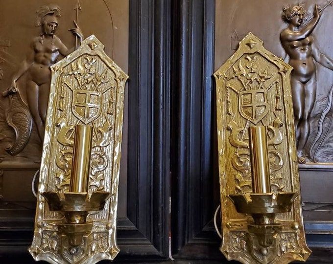 2 Vintage, Polished Brass, Wall Sconces, Castle, Flags, Heraldry ...