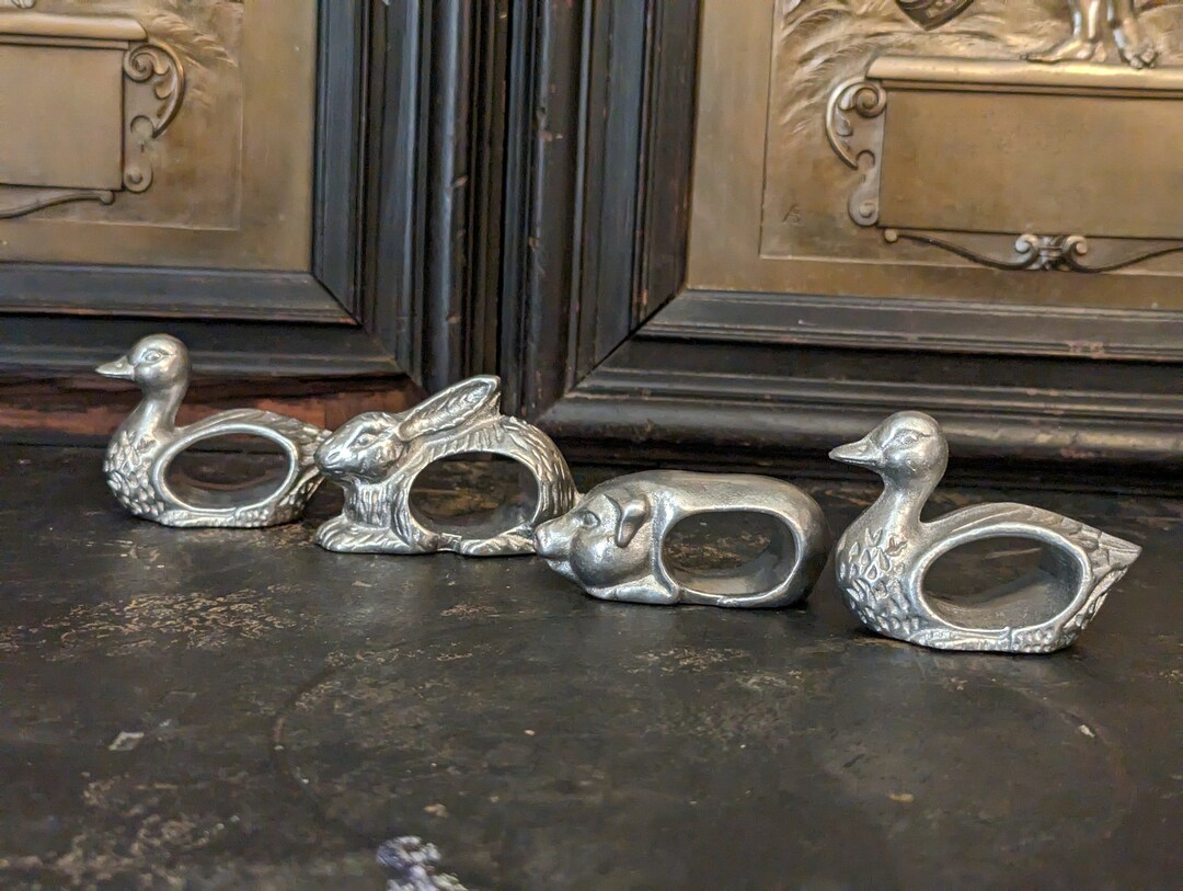 4 Vintage, Pewter, Animal, Napkin Rings, Pig, Rabbit, 2 Ducks, 3" Long ...