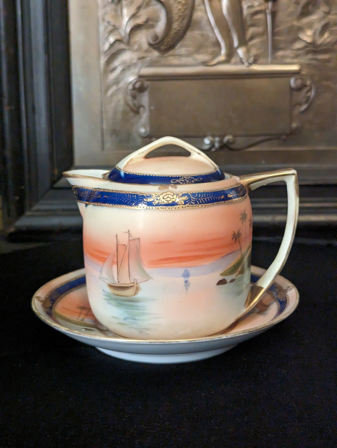 Vintage, Nippon, Hand Painted, Porcelain, Teapot and Saucer, Palm Trees ...