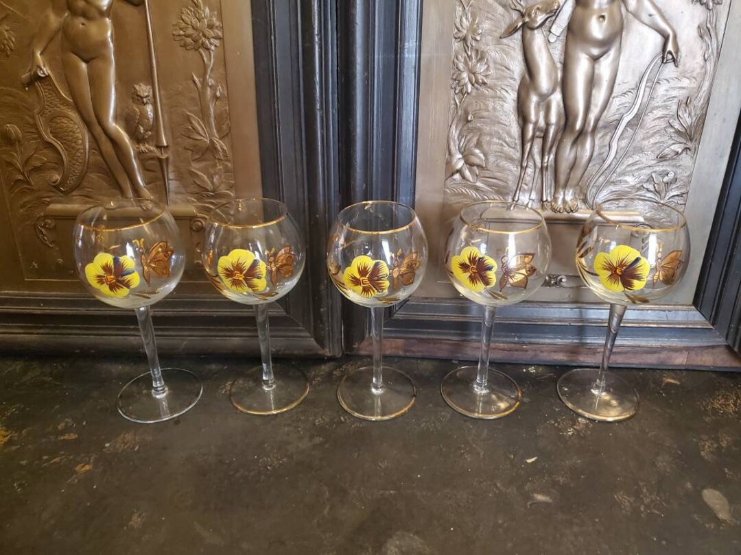 5 Vintage, Romanian, MCM, Hand Painted, Blown Glass, Gold Trim, Claret ...