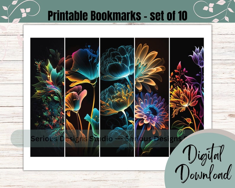 Neon Flower Bookmarks, Set of 10 Bookmarks, Floral Printable Bookmarks ...